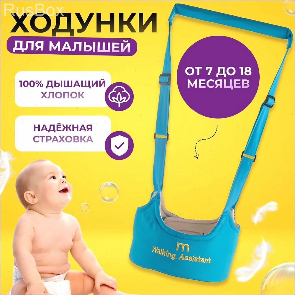 Вожжи для детей "первые шаги" для поддержки и безопасности малышей при ходьбе, детский поводок, ходунки, прыгунки, страховка, синий, Universal-Sale