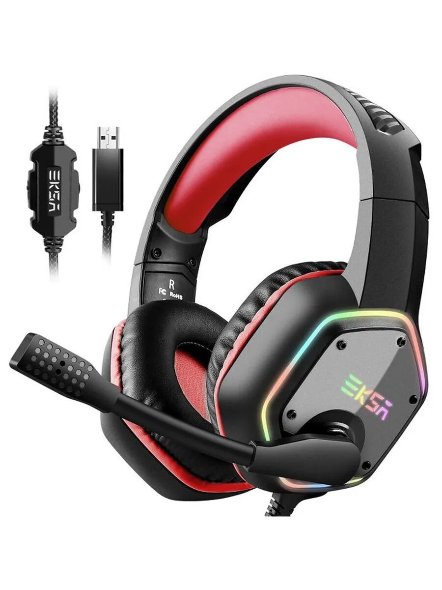Игровые наушники EKSA E1000, 7.1, микрофон, RGB, красный