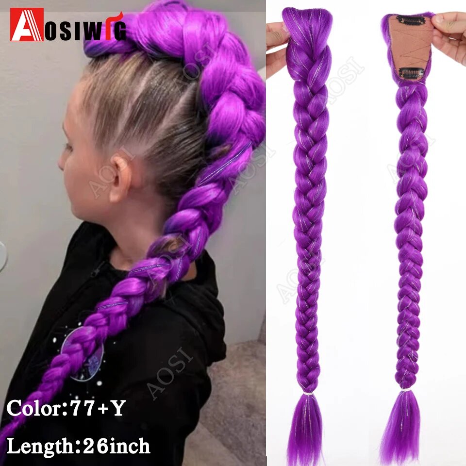 Синтетические плетеные фиолетовые волосы, прическа «конский хвост», длинный хвост 26 дюймов с заколками для детей, девочек, платье на Хэллоуин и Рождество