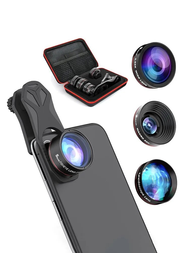 Макролинза для телефона, 4 в 1, 0,62-кратный широкоугольный объектив, 25-кратный макрообъектив, калейдоскоп и 235-градусный «рыбий глаз»