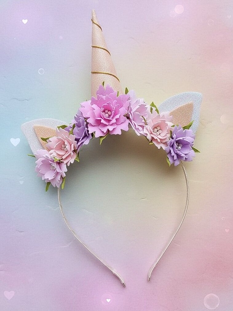 Ободок единорог для девочек, единорожек, с цветами, розово-сиреневый