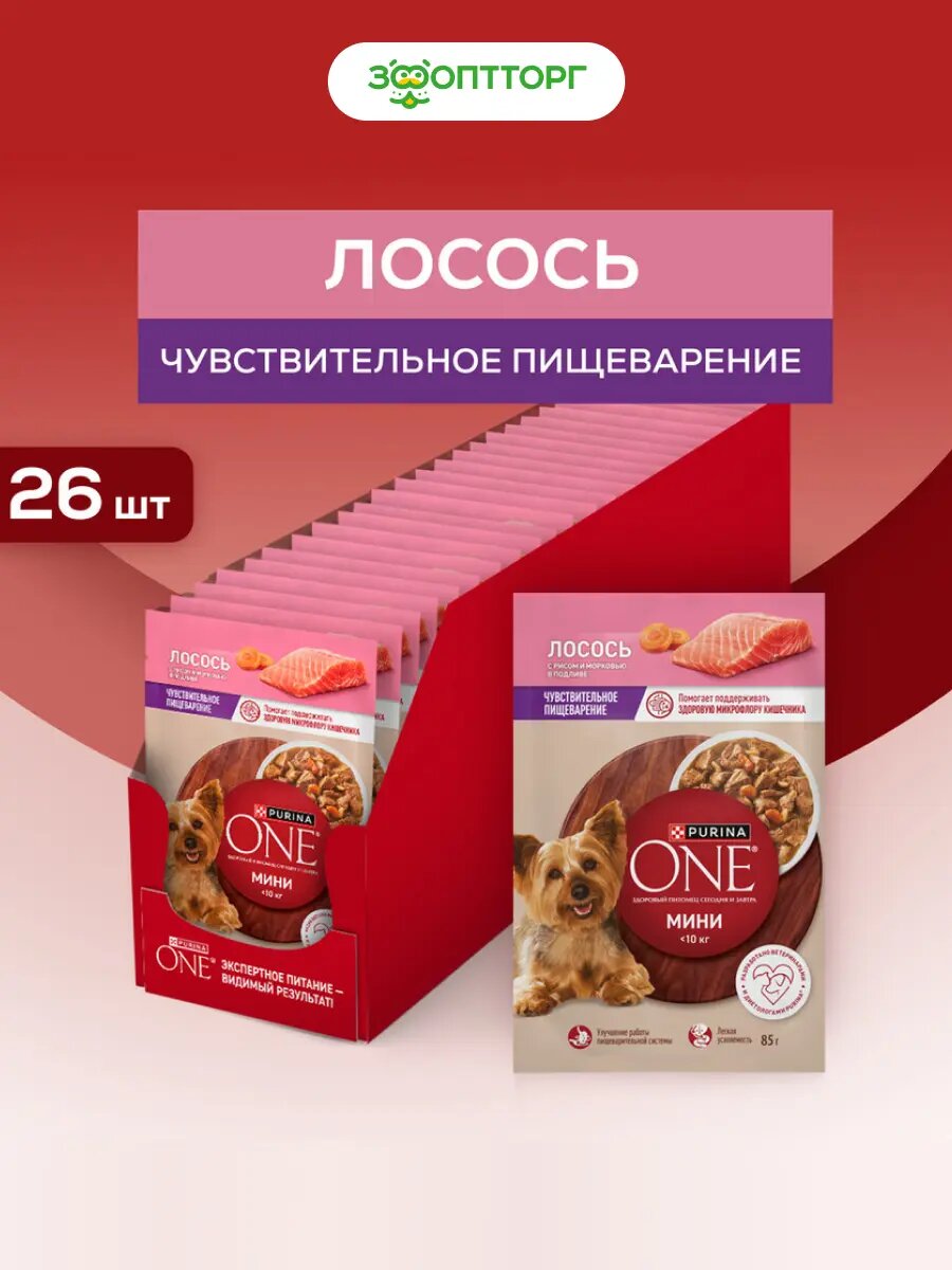 Влажный корм Purina One Мини Чувствительное пищеварение пауч для собак мелких пород (кусочки в подливе) Лосось, 85 г х 26 шт.