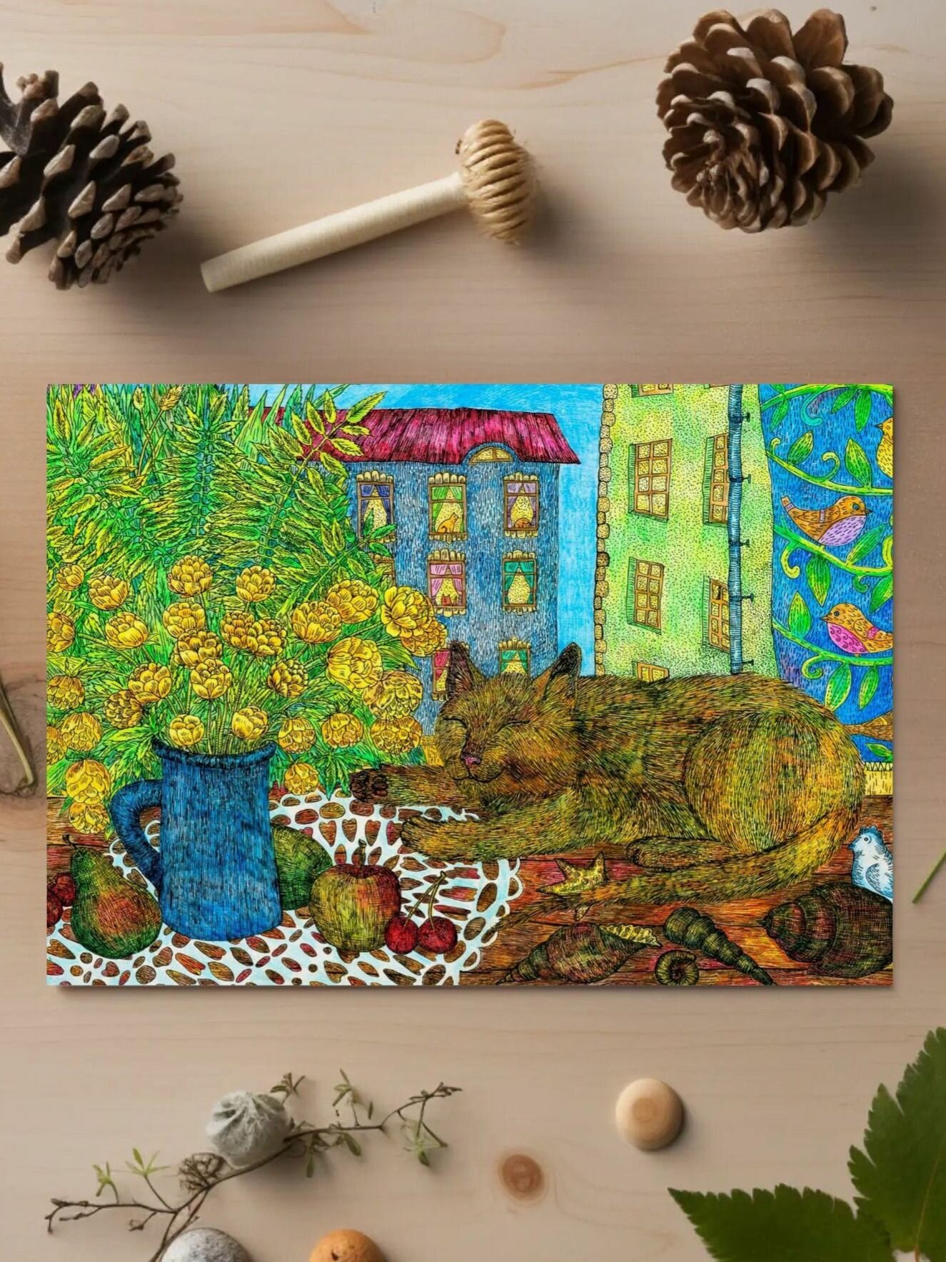 Открытка Котик, спящий у окна. Открытка с котом поздравительная с конвертом