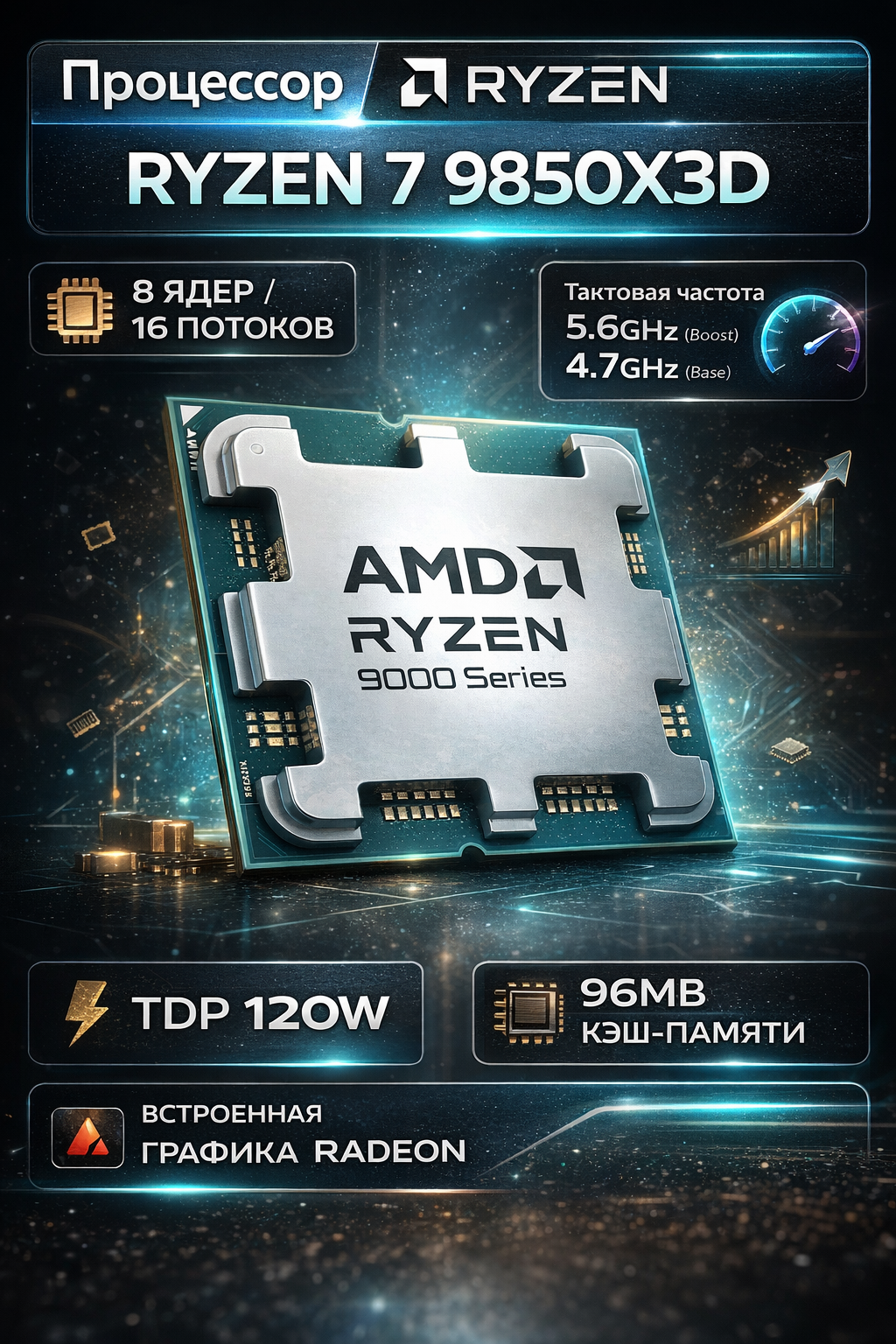 Процессор AMD Ryzen 7 9850X3D (APU AM5, Granite Ridge AM5,8C/16T, 4.7/5.6GHz, 96MB, 120W, Radeon Graphics). 100-000001973, OEM