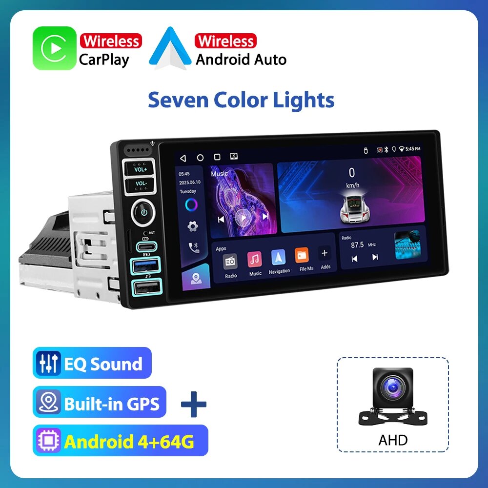 Podofo IPS 6,9 дюйма 1Din Carplay Android Auto Автомобильный радиоприемник Мультимедийный 4G 64G Cam