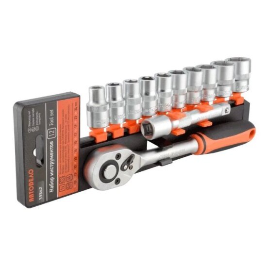 Набор торцевых головок Автодело 1/2" 6-ти гранных 10-24мм 12 предметов на планке с трещоткой