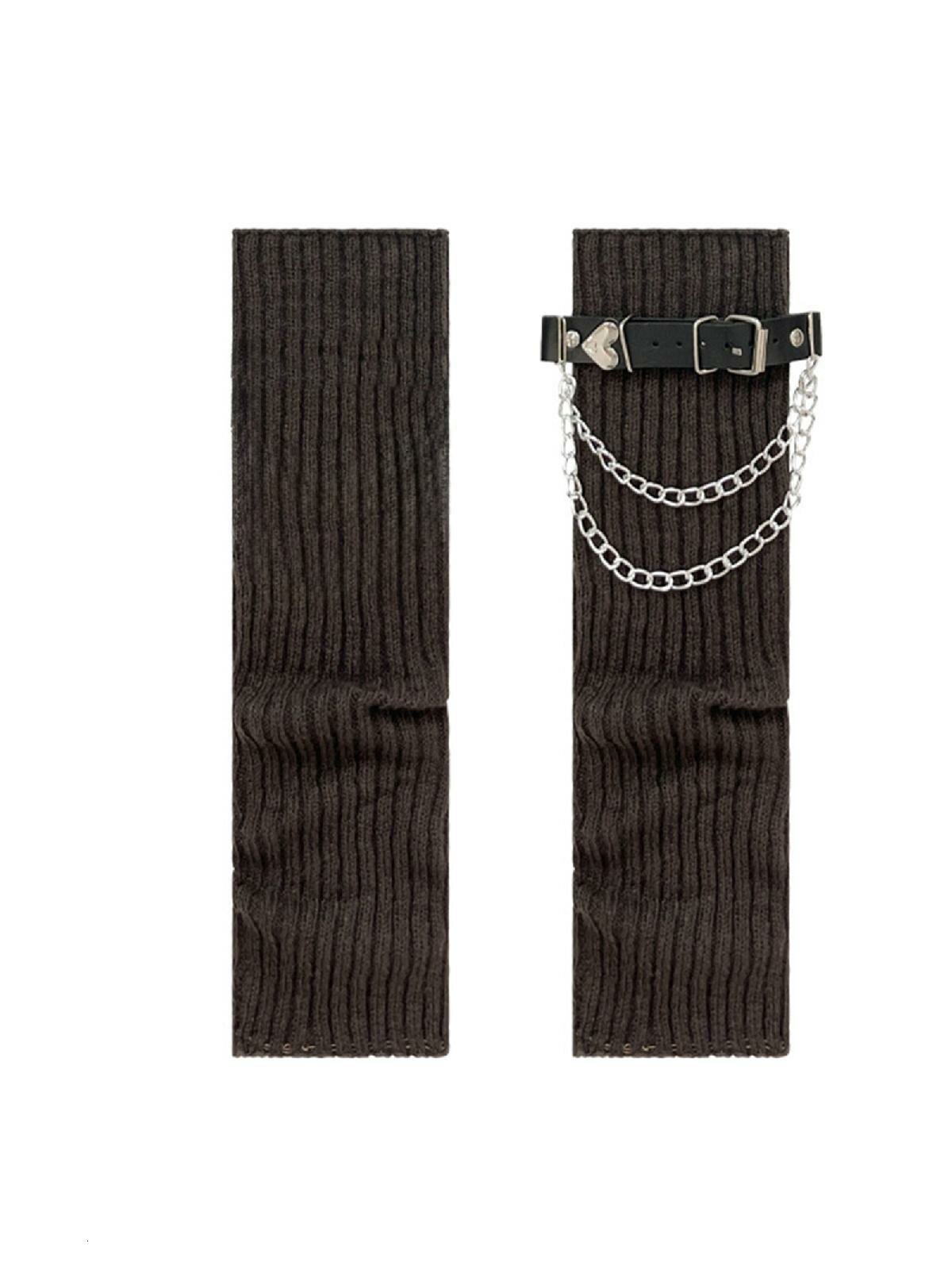 Вязаные гетры с кожаным ремнём и сердечками, Коричневый