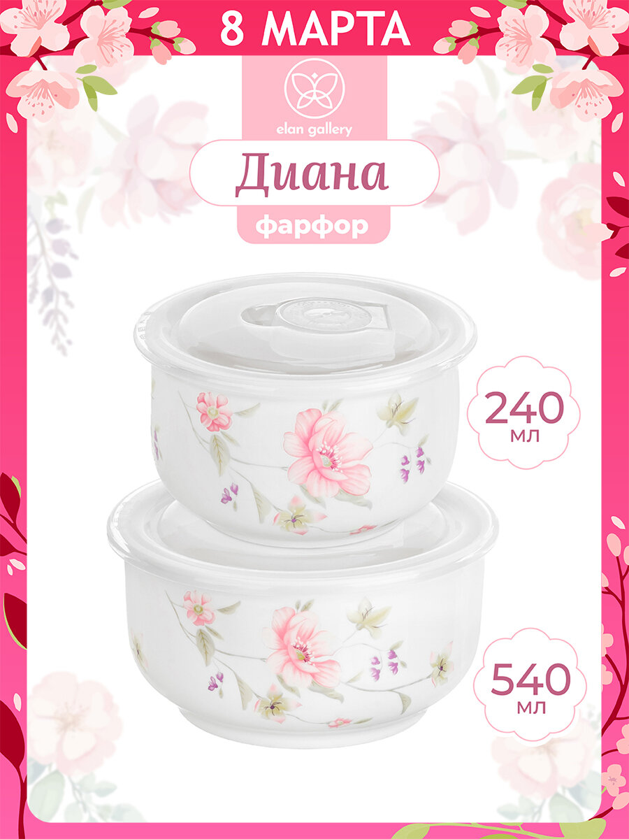 Набор 2 салатников Elan Gallery Диана, 540 мл, 240 мл, с пластиковыми крышками с силиконовыми уплотнителем