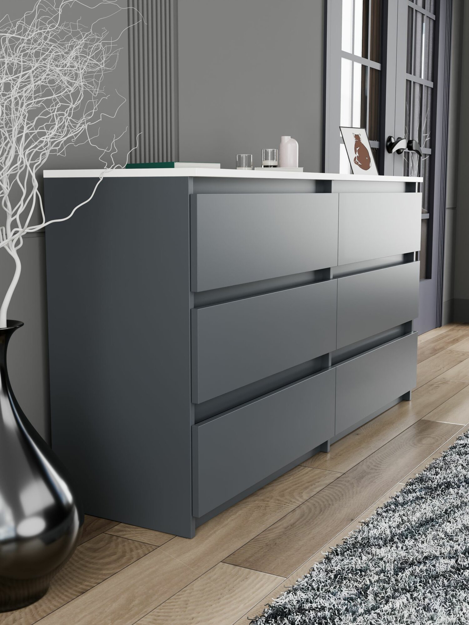 Комод для белья и одежды орлан 6 ящиков, 140х76.4х40 см, графит/белый