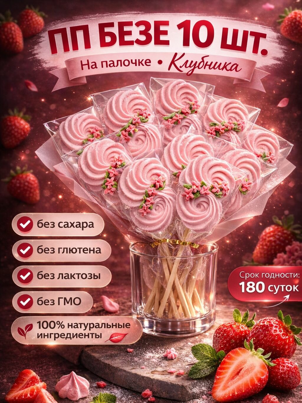Безе на палочке без сахара ПП, клубника, 10 шт, украшение для торта, сладкий подарок
