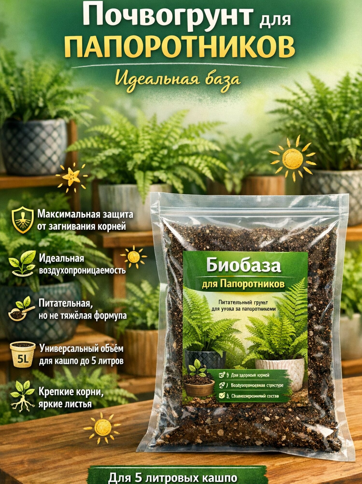 Почвогрунт для папоротников для кашпо до 5л премиум грунт для растений