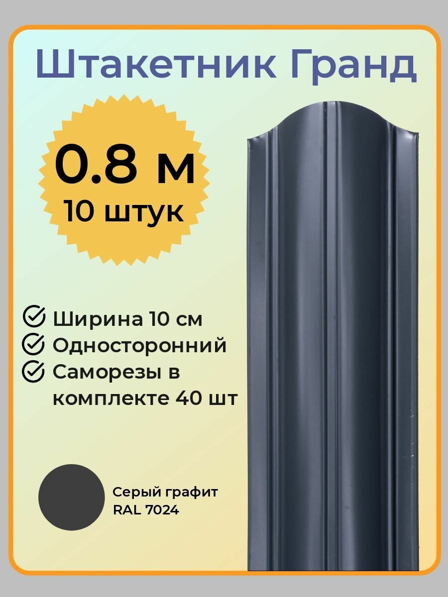 Евроштакетник гранд 0,8 м высота, 10 см ширина, одностороннее покрытие, верх закруглен, комплект 10 штакетин и 40 саморезов, цвет RAL7024 серый графит