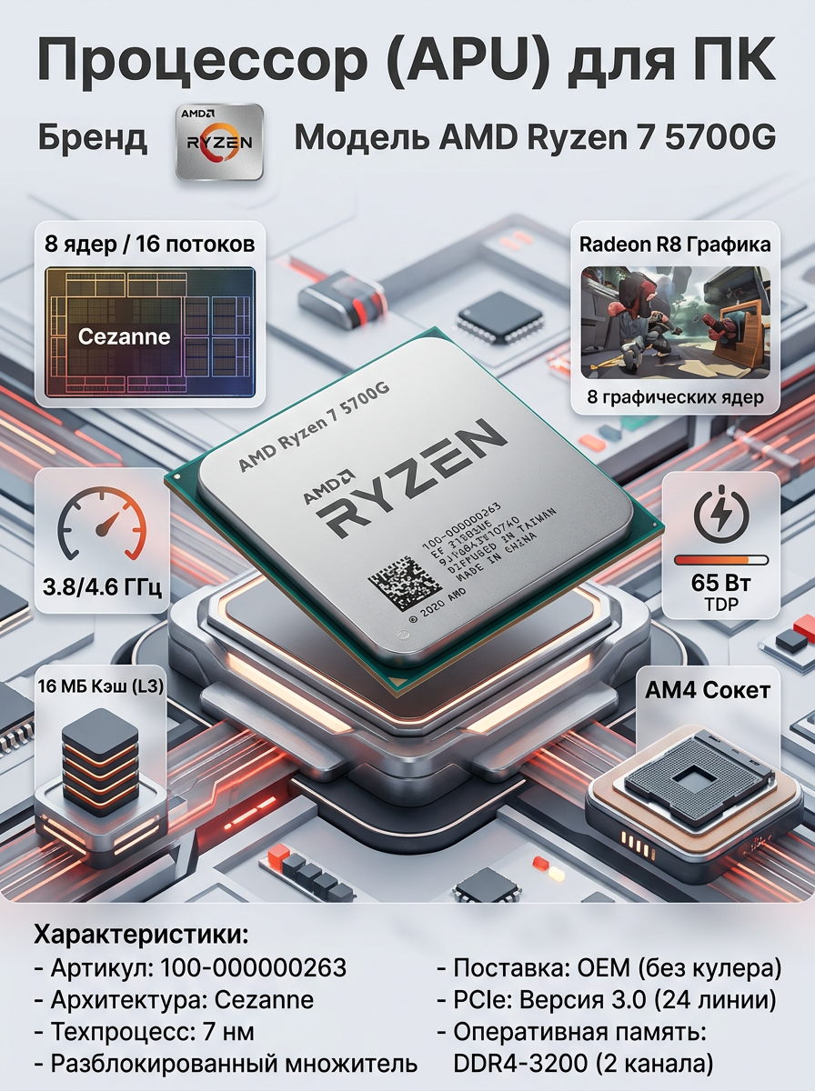 Процессор AMD Ryzen 7 5700G (APU AM4, Cezanne, 8C/16T, 3.8/4.6GHz, 16MB, 65W, Radeon R8), 100-000000263, OEM