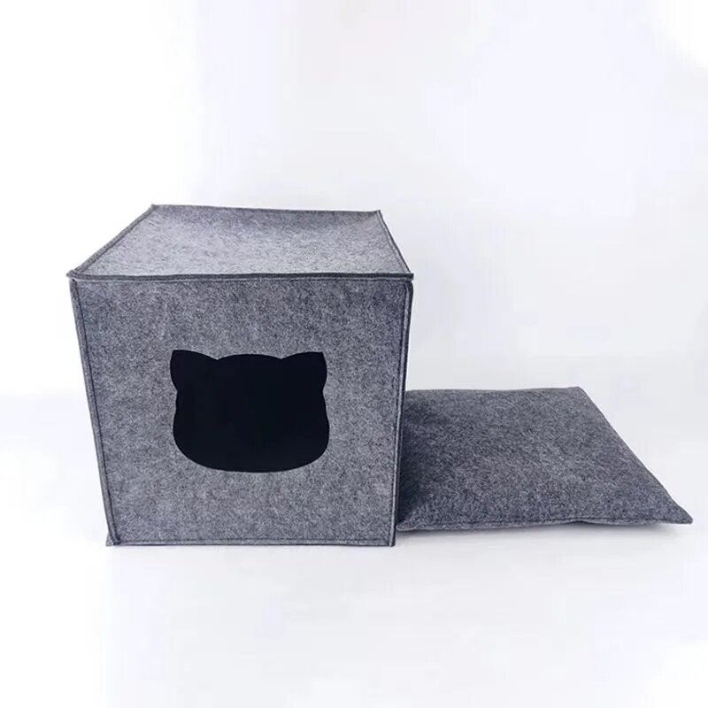 Фетровый домик для кошек с подушкой серый, квадратный, для кошек