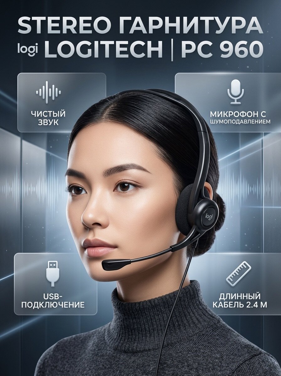 Headset Logitech PC 960 Stereo ( 20-20000Hz, mic, volume control, USB, 2.4m)