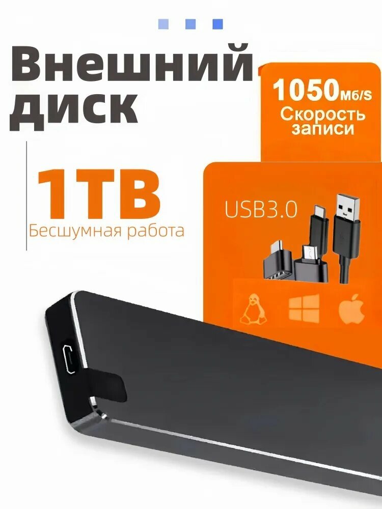 Внешний жесткий диск, 1 Тб, алюминиевый, ударопрочный, компактный, чёрный, матовый