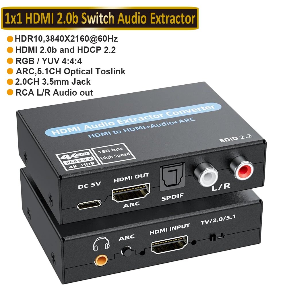 Navceker HDMI 2.0 Аудиоэкстрактор 4К 60Гц ZY-HS11, EU Power Plug