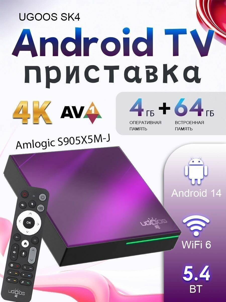 Смарт ТВ-приставка UGOOS SK4, Amlogic S905X5M-J, TV BOX 4+64GB, Андроид 14.0. Игровая приставка
