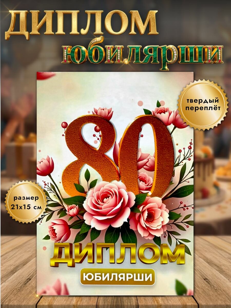 Диплом открытка подарочный "Юбилярша 80 лет", поздравительная открытка, подарок бабушке на юбилей