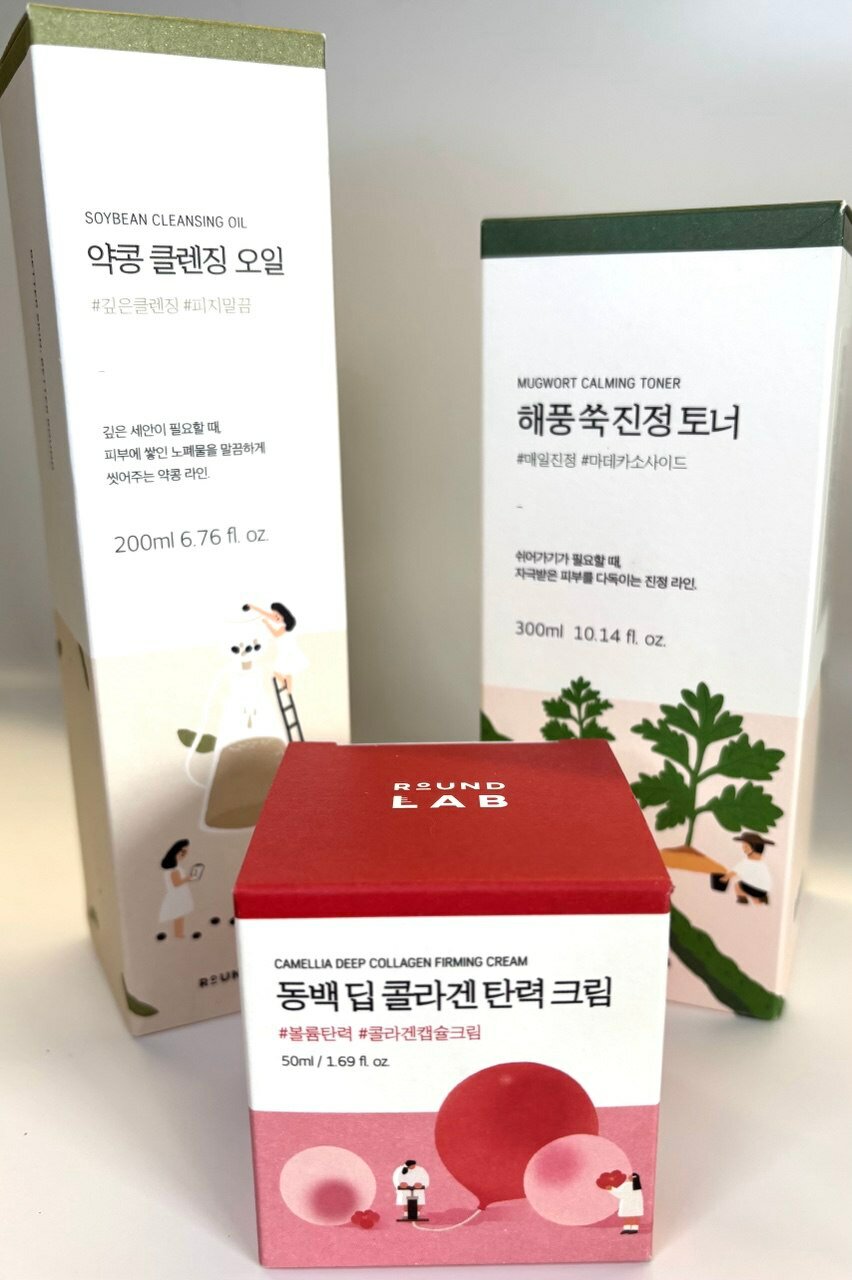 Набор уходовой косметики Round Lab "Уход & Увлажнение, укрепление" , для всех типов кожи, 3 шт