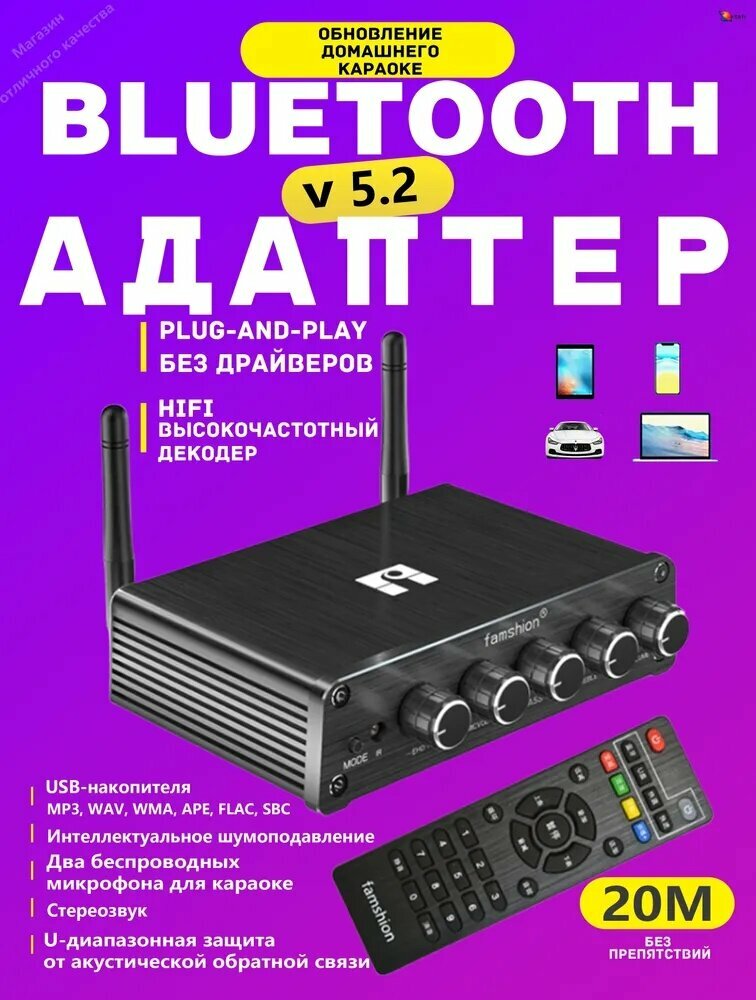 Karaoke система Bluetooth 5.2 с двумя беспроводными микрофонами, поддержка USB/TF карт, Hi-Fi усилитель, для дома и караоке