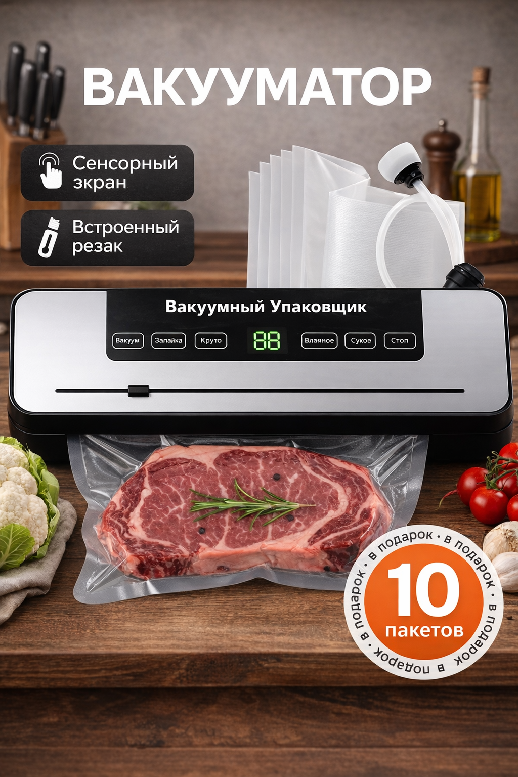 Вакуумный упаковщик для продуктов домашний с функцией запайки и резки герметичная упаковка еды
