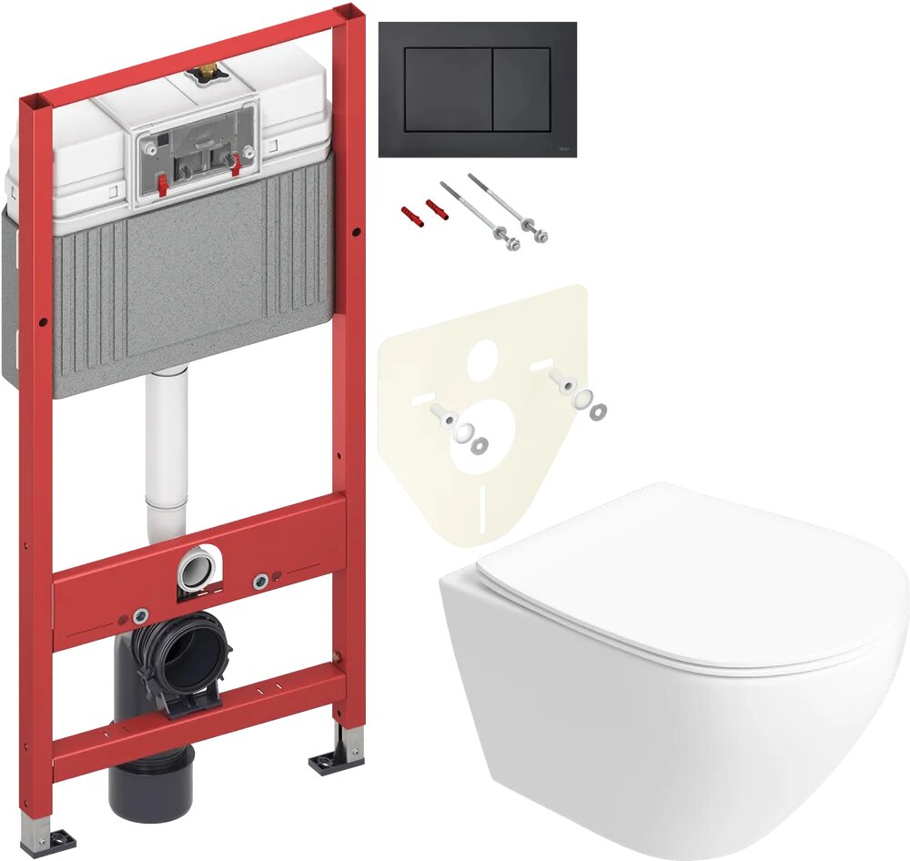 Комплект 5 в 1 Унитаз подвесной STWORKI Кронборг S28401WH, безободковый, с микролифтом, белый / Инсталляция с кнопкой TECE Now 9400414 цвет черный / Комплект шумоизоляции