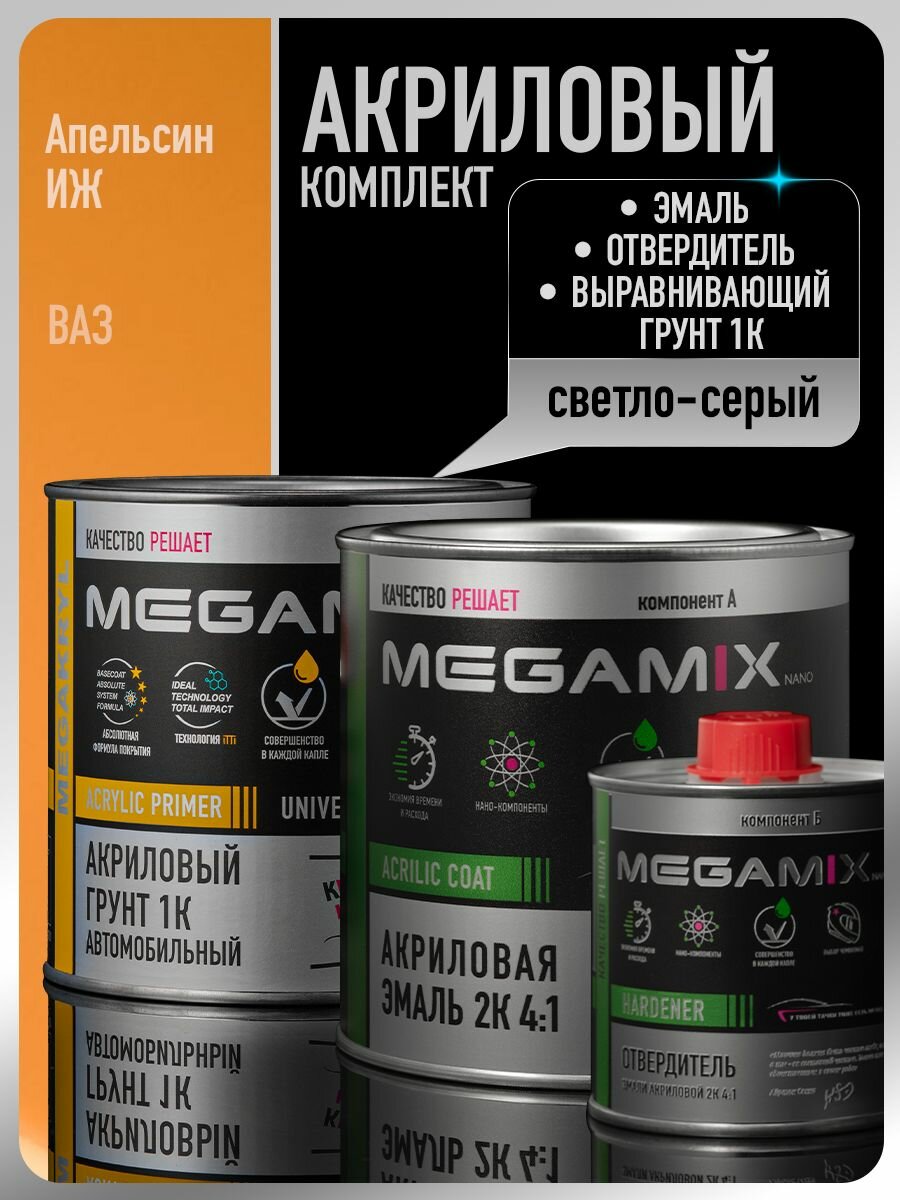 Комплект Акриловая краска автомобильная 2К , Апельсин ИЖ 28, 840мл + Отвердитель 2K 210 мл + Грунт акриловый 1К , светло-серый, 800 г