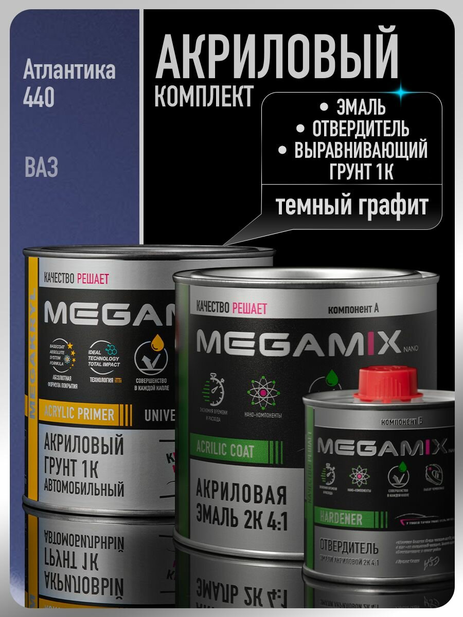 Комплект Акриловая краска автомобильная 2К , Атлантика 440, 840мл + Отвердитель 2K 210 мл + Грунт акриловый 1К , темный графит, 800 г