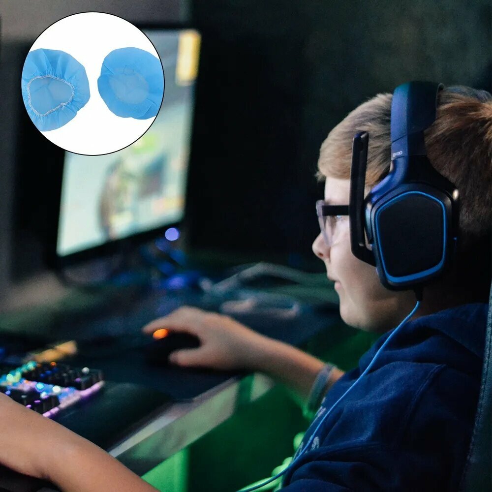 Синие одноразовые защитные чехлы для наушников из нетканого материала в упаковке 100 шт