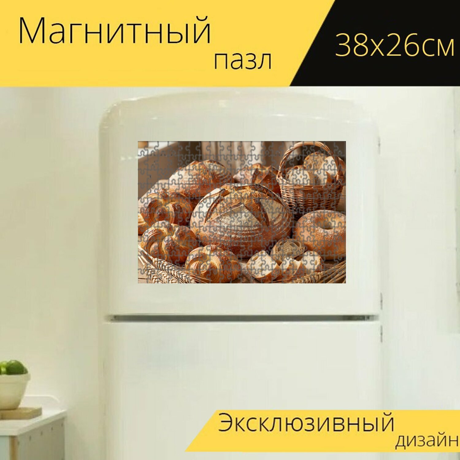Магнитный пазл "Свежая выпечка на деревянном столе. Домашний хлеб, булочки, бублик и ломтики в плетёной корзине на кухне. Уютный деревенский натюрморт." для интерьера, 38х26 см.