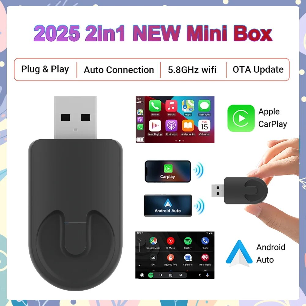 Мини-кабель-адаптер Для Беспроводной Связи CarPlay И Android Auto 2-в-1 USB 5 ГГц Wi-Fi