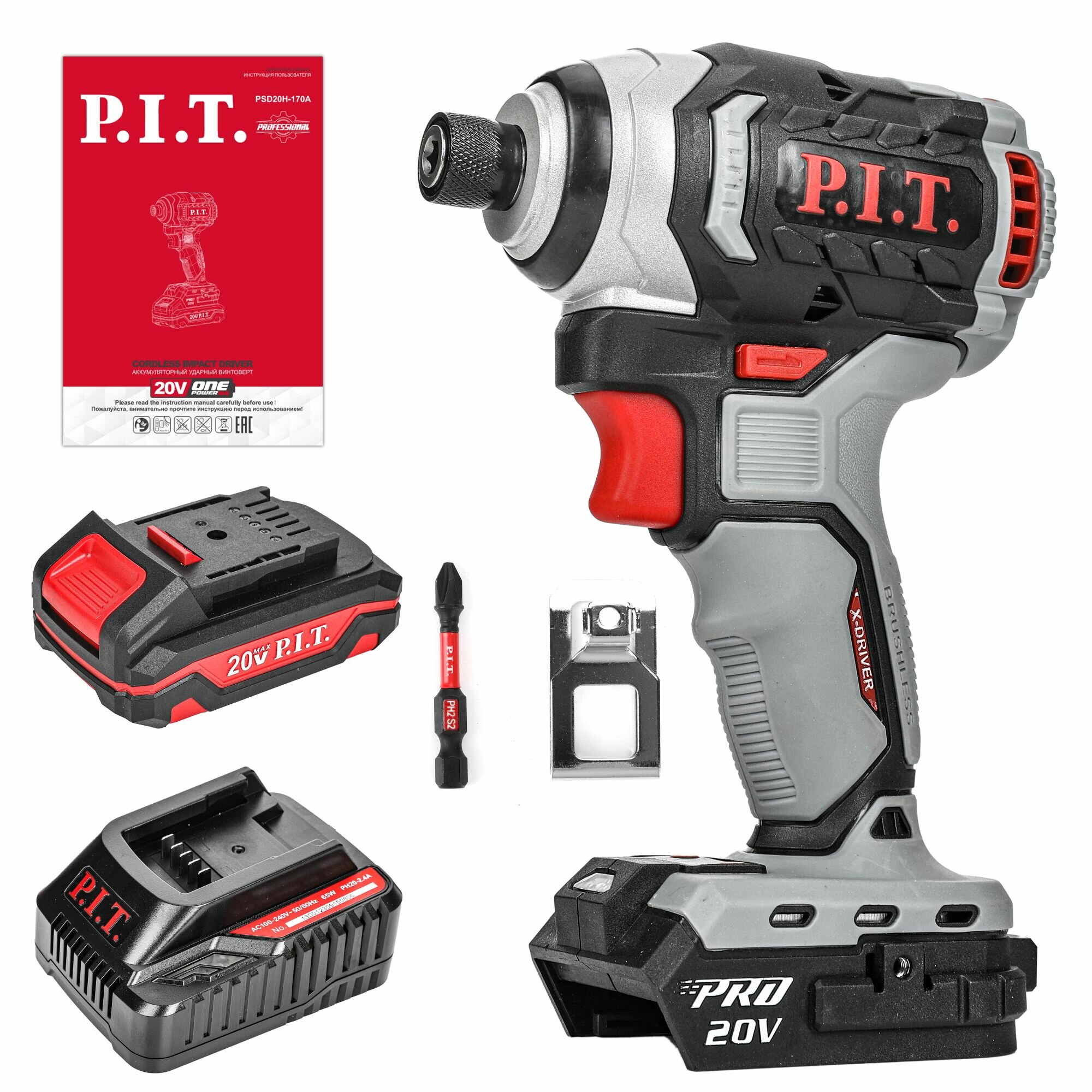 Винтоверт аккумуляторный бесщёточный P.I.T. IMPACT 20В, 170Нм, 3ск, HEX 1/4", 1x2Ач, ЗУ, кейс PSD20H-170A/1