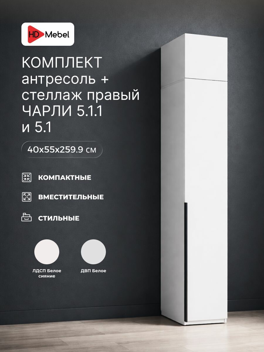Шкаф-пенал для одежды Чарли 5.1 правый с антресолью, цвет Белое сияние