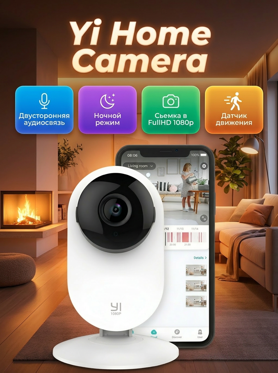 Kамера видеонаблюдения Xiaomi Yi Home Camera 1080p, Видеоняня, Ночное видение, Датчик движения, Аудиосвязь, Гарантия 6 мес