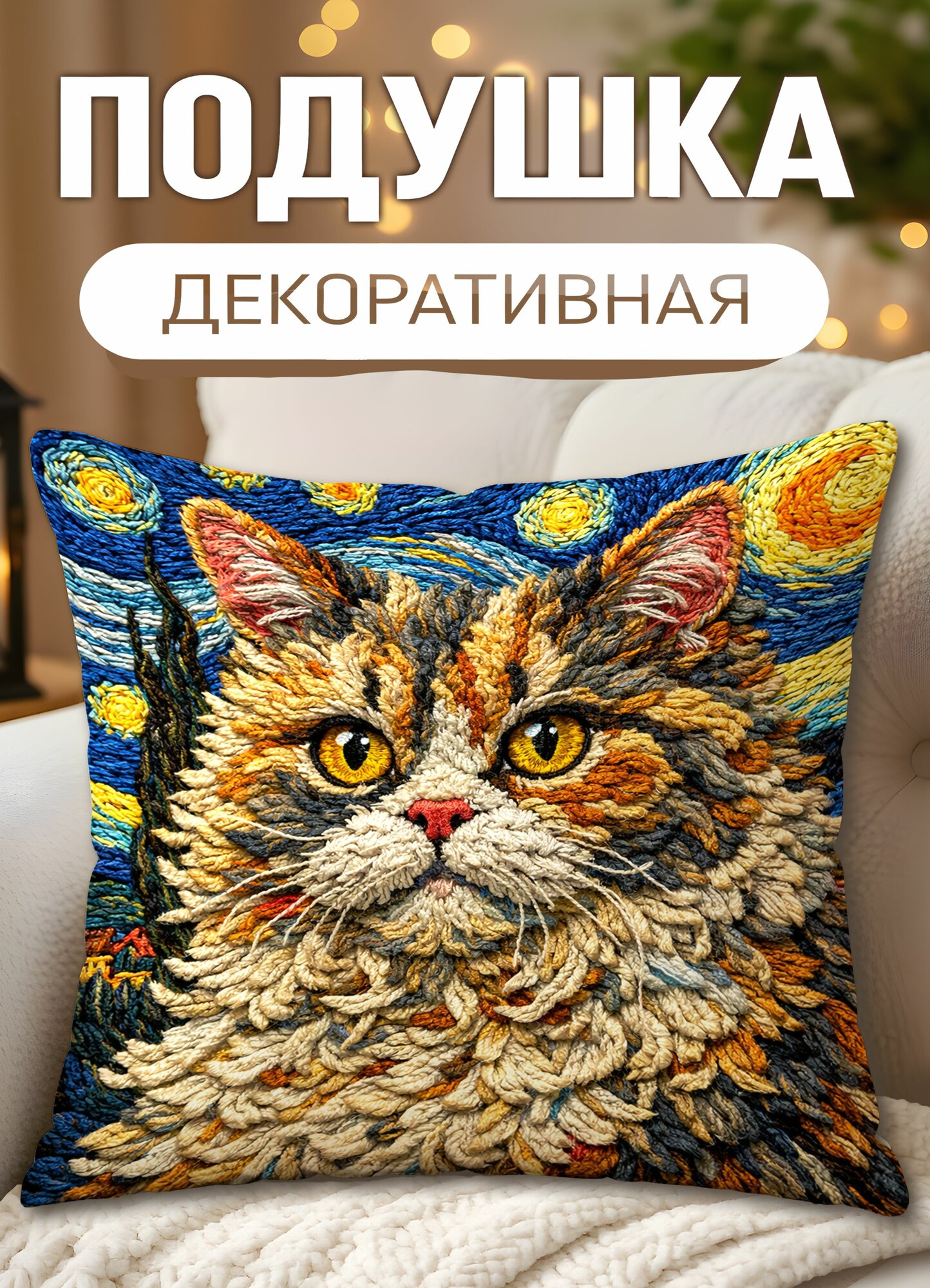 Подушка декоративная Кошки Ван Гог Звездная ночь Селкирк-рекс