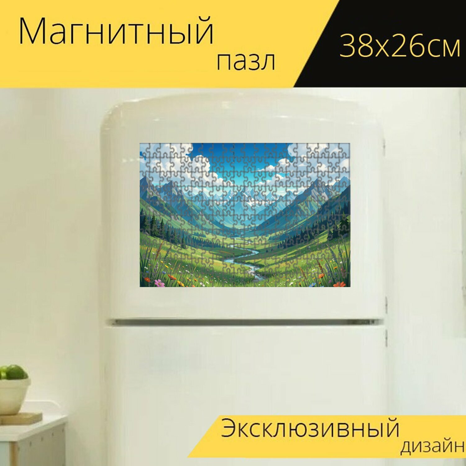 Магнитный пазл "Альпийская долина с рекой. Живописная горная панорама с извилистой водой, зелёными склонами, заснеженными пиками и пушистыми облаками. Яркие." для интерьера, 38х26 см.