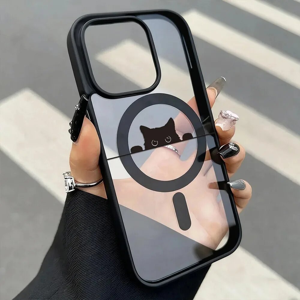 Прозрачный акриловый чехол Black Cat Design для iPhone 17, 16, 15, 14 Plus, Style 1, For iPhone 13