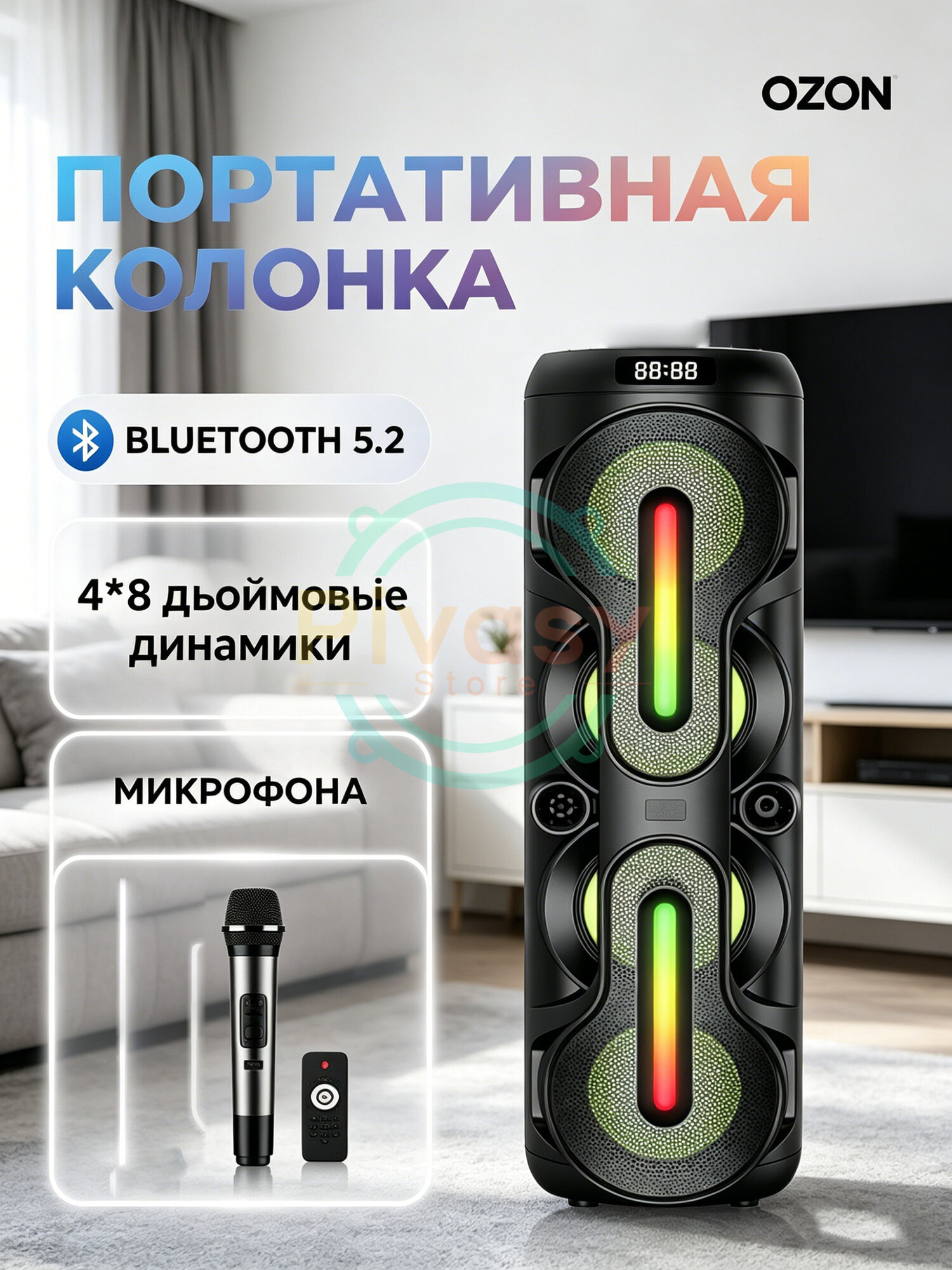 Портативная Bluetooth-Колонка, 4x8 Дюймов, Динамик, Беспроводной Микрофон 2.4 G