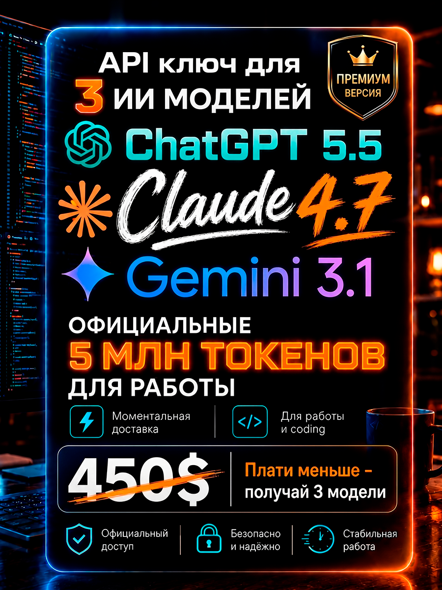 ChatGPT 5.5 + Claude Opus 4.8 + Gemini 3.1 PRO API-ключ 5 МЛН токенов | Официальный API ключ на все модели 5 млн токенов