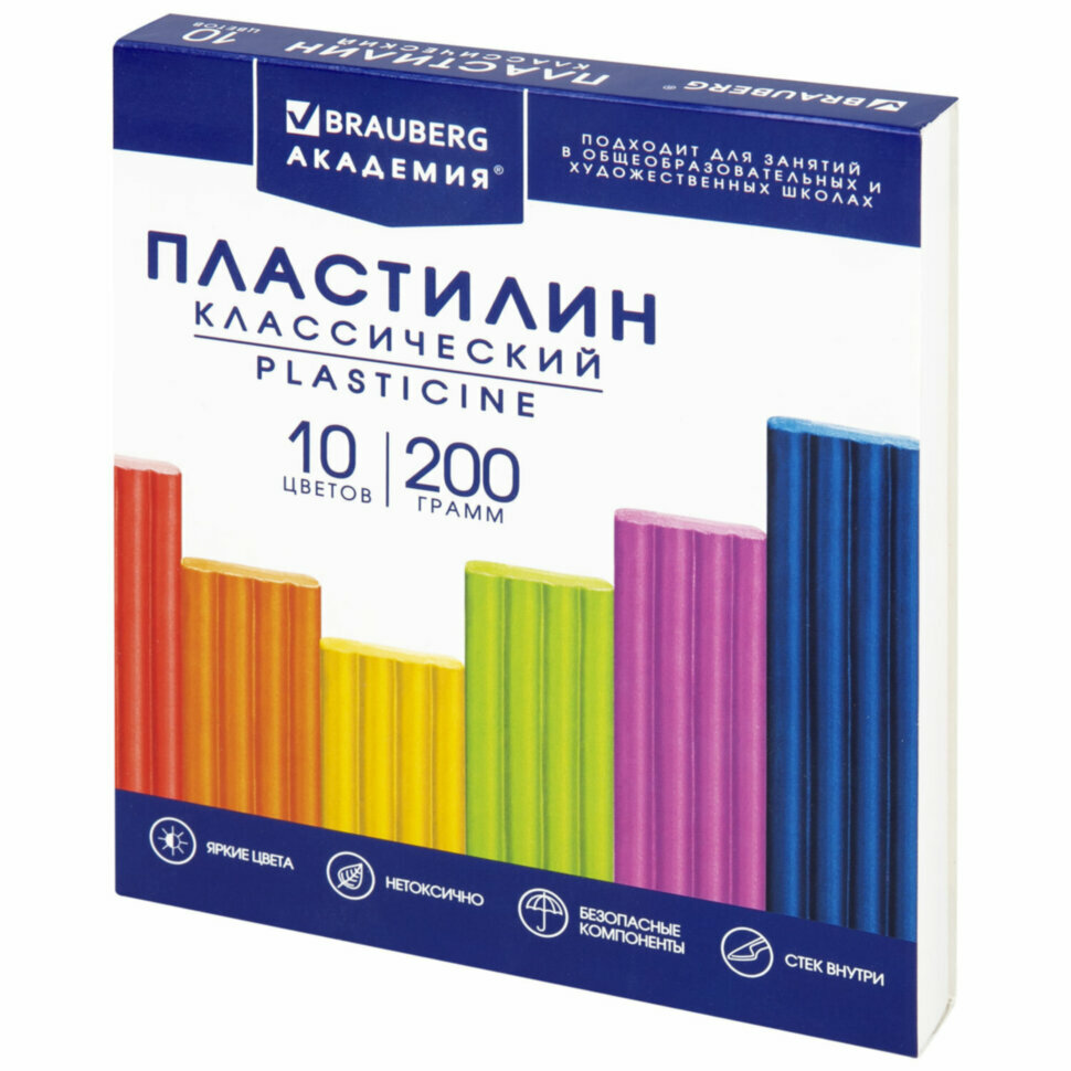 Пластилин классический BRAUBERG "академия классическая", 10 цветов, 200 г, стек, высшее качество, 106503, 106503