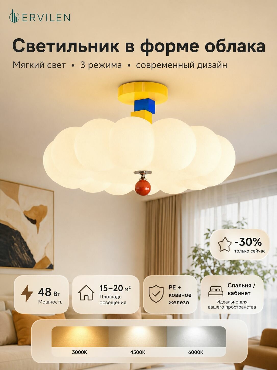 Потолочная люстра "Облако" 52 см, 48 Вт, 3 режима света с пультом, для детской и спальни