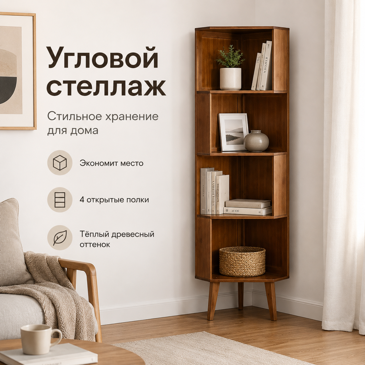 Высокий угловой стеллаж из бамбука, четыре полки для хранения декора, книг и бытовых мелочей
