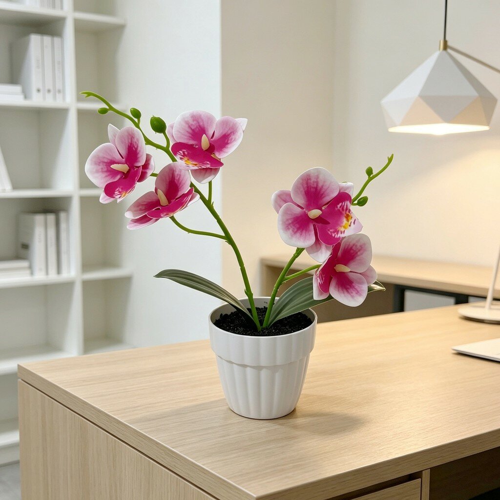 Butterfly orchid with plastic base for home styling wedding decor and photography use, pink white edge
