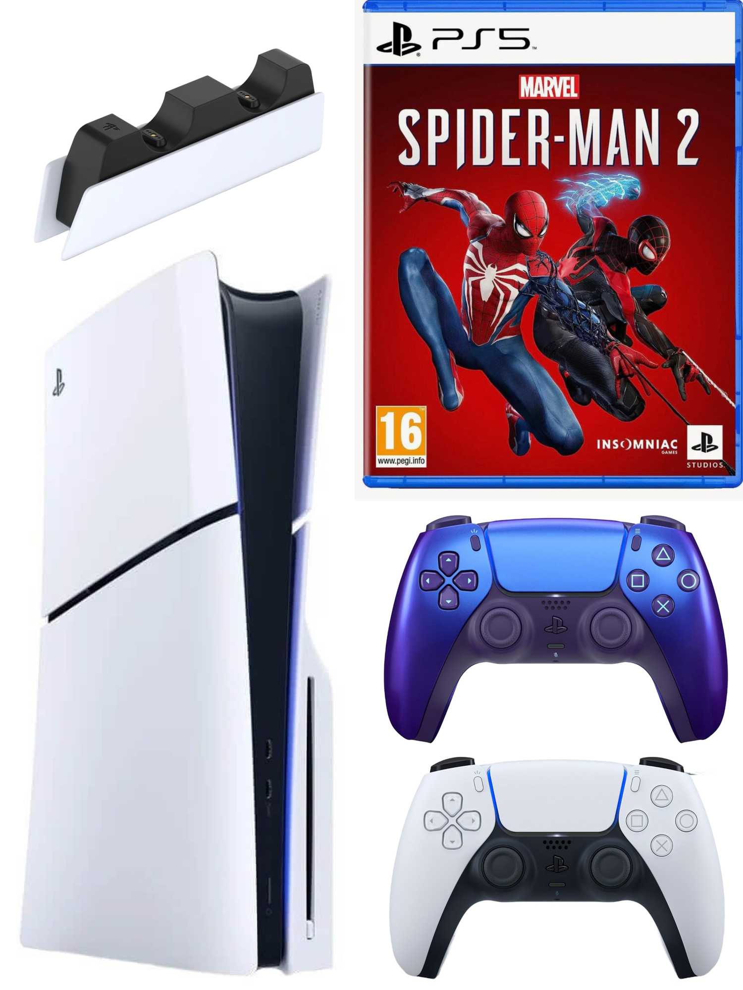 Игровая приставка Sony PS 5 Slim, 1ТБ(с дисководом)+2 геймпад(chroma indigo)+Зарядная станция+Marvel Spider Man 2