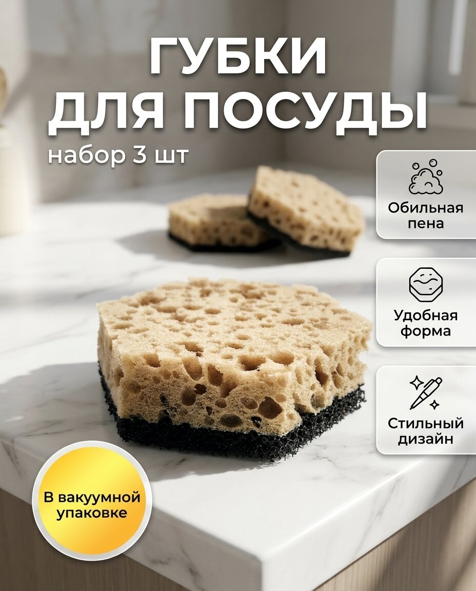 Губки для посуды в вакуумной упаковке, набор 3 штуки, цвет бежевый