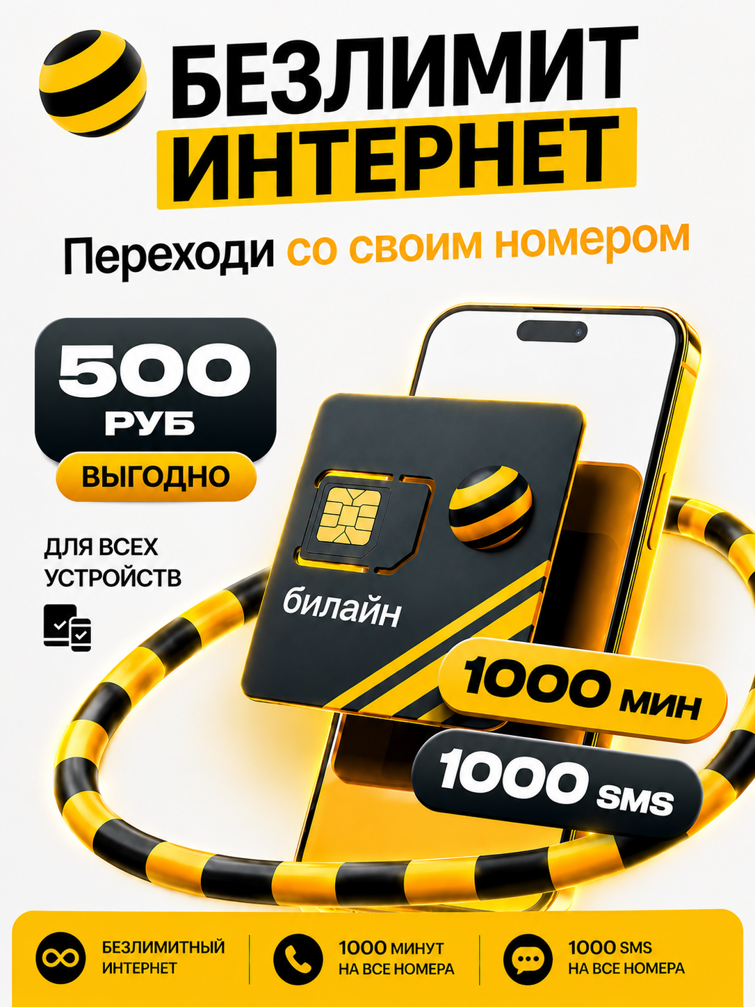 SIM-карта 1000 гигабайт, 1000 минут Билайн, безлимитный интернет