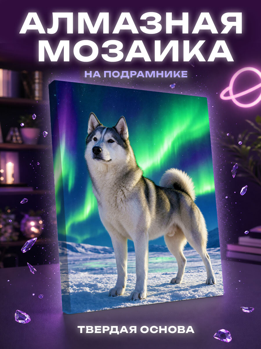 Алмазная мозаика Лайка под северным сиянием