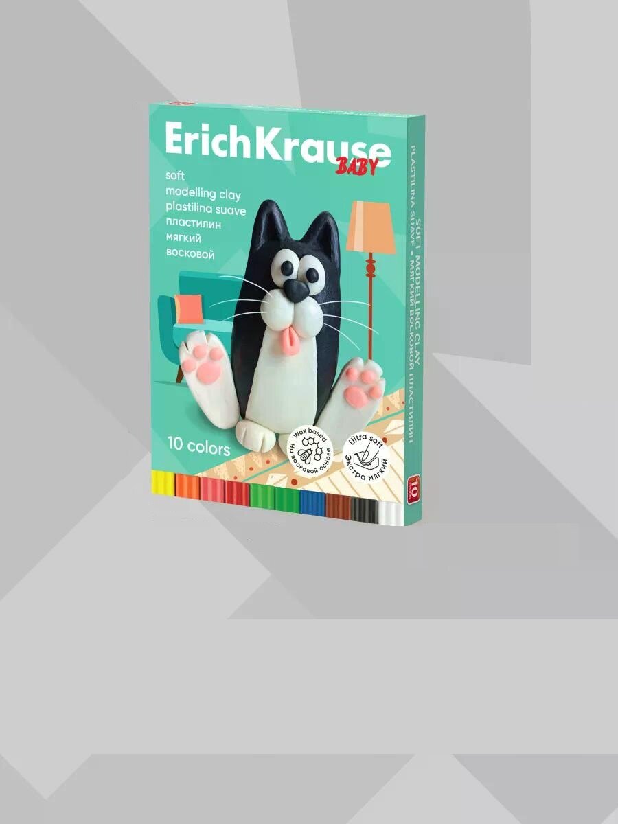 Пластилин мягкий (восковой) ErichKrause Baby, 10 цветов, 130 г, со стеком, в коробке