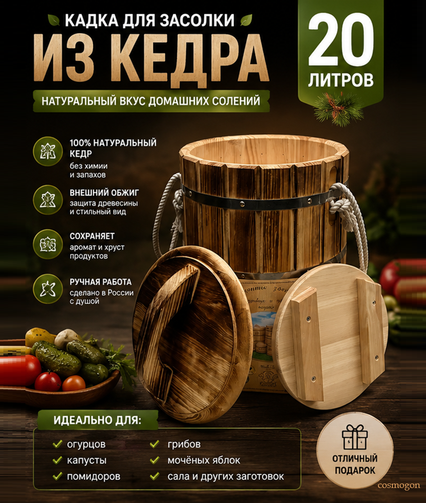 Кедровая кадка 20л с гнетом для засолки капусты, огурцов, помидор, грибов с внешним обжигом